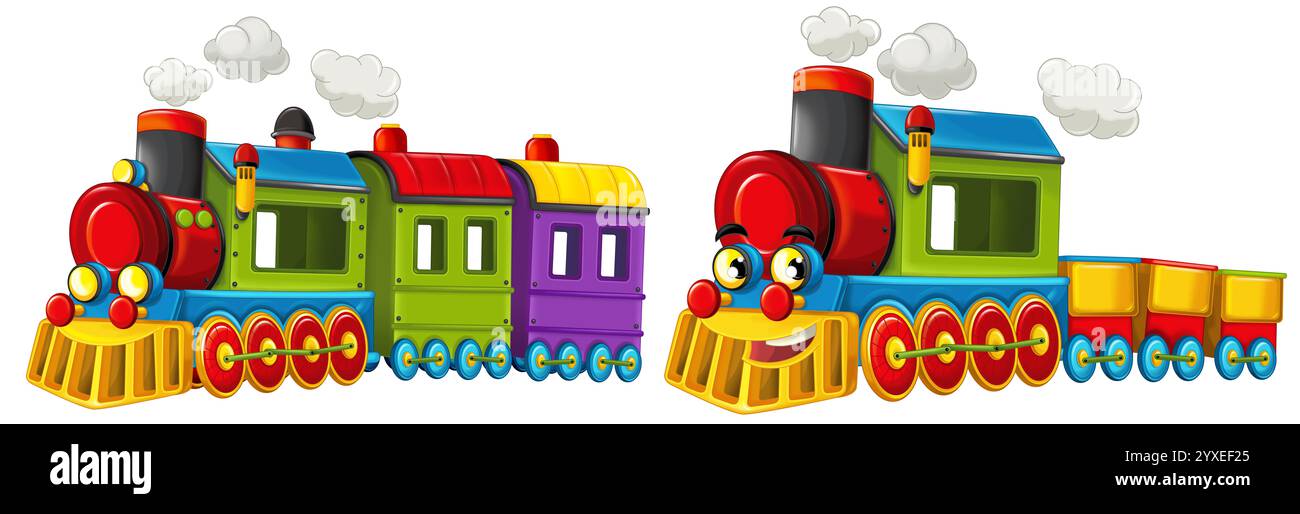 Cartoon funny set of looking steam train locomotive vehicle ...