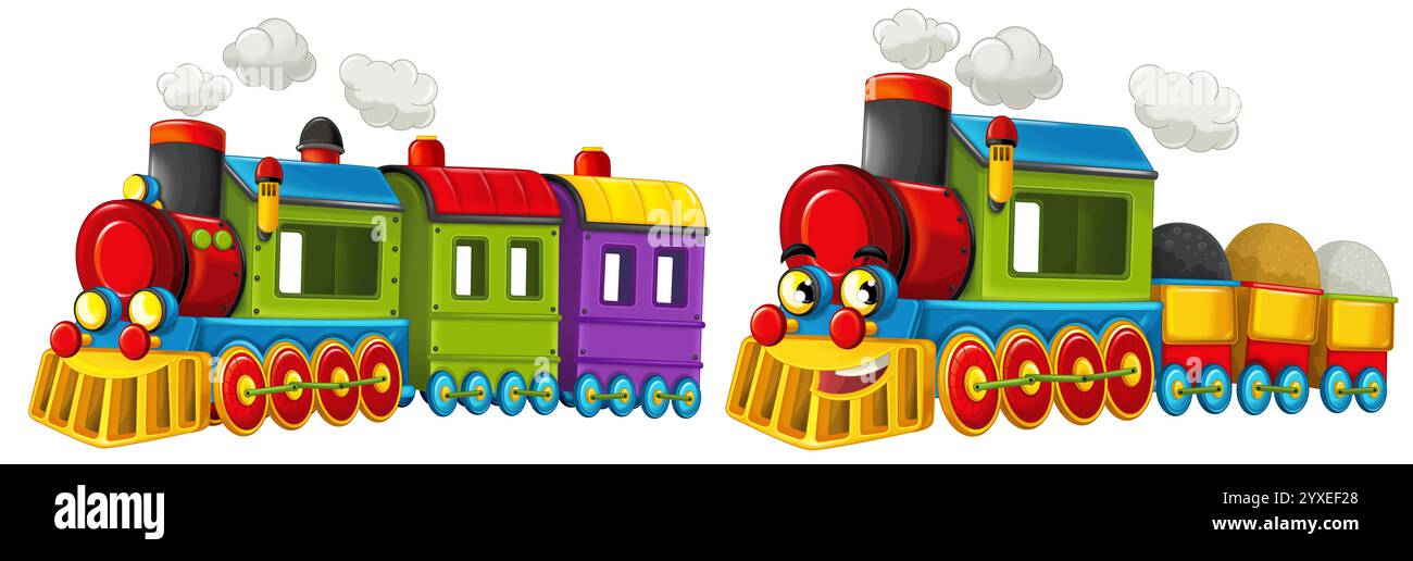 Cartoon funny set of looking steam train locomotive vehicle ...