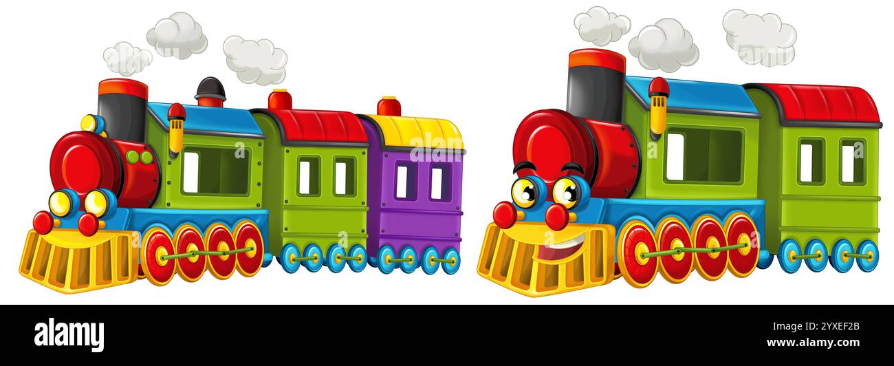 Cartoon funny set of looking steam train locomotive vehicle ...