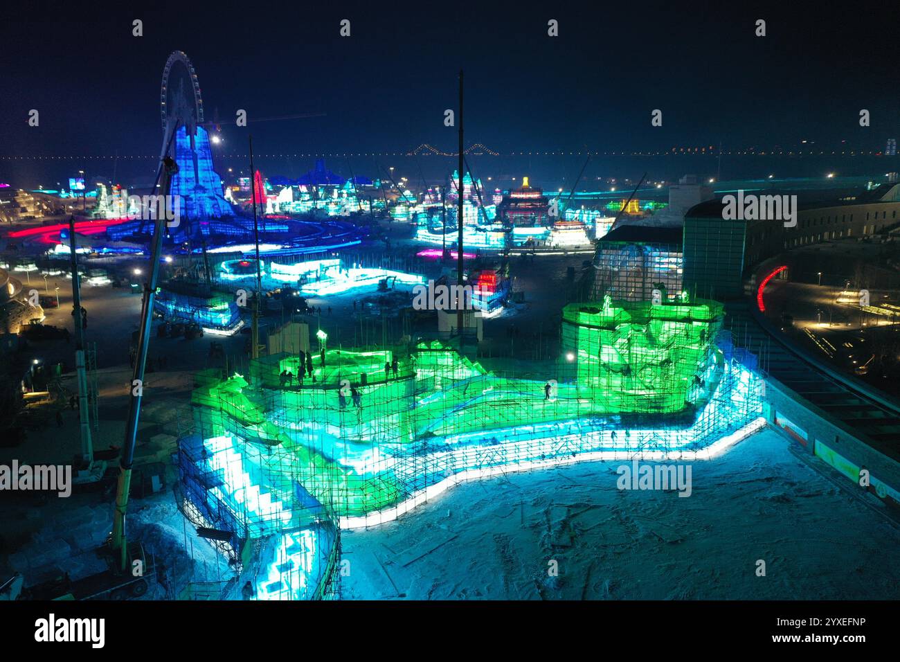 Aerial photo shows the 26th Harbin Ice-Snow World under construction in ...
