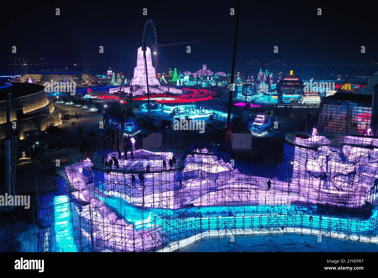 Aerial photo shows the 26th Harbin Ice-Snow World under construction in ...