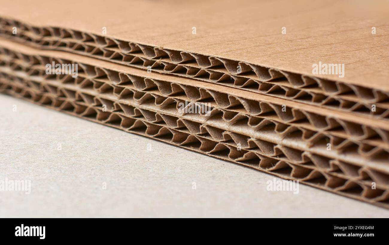 close-up of corrugated cardboard sheets edges, visible multiple wavy ...