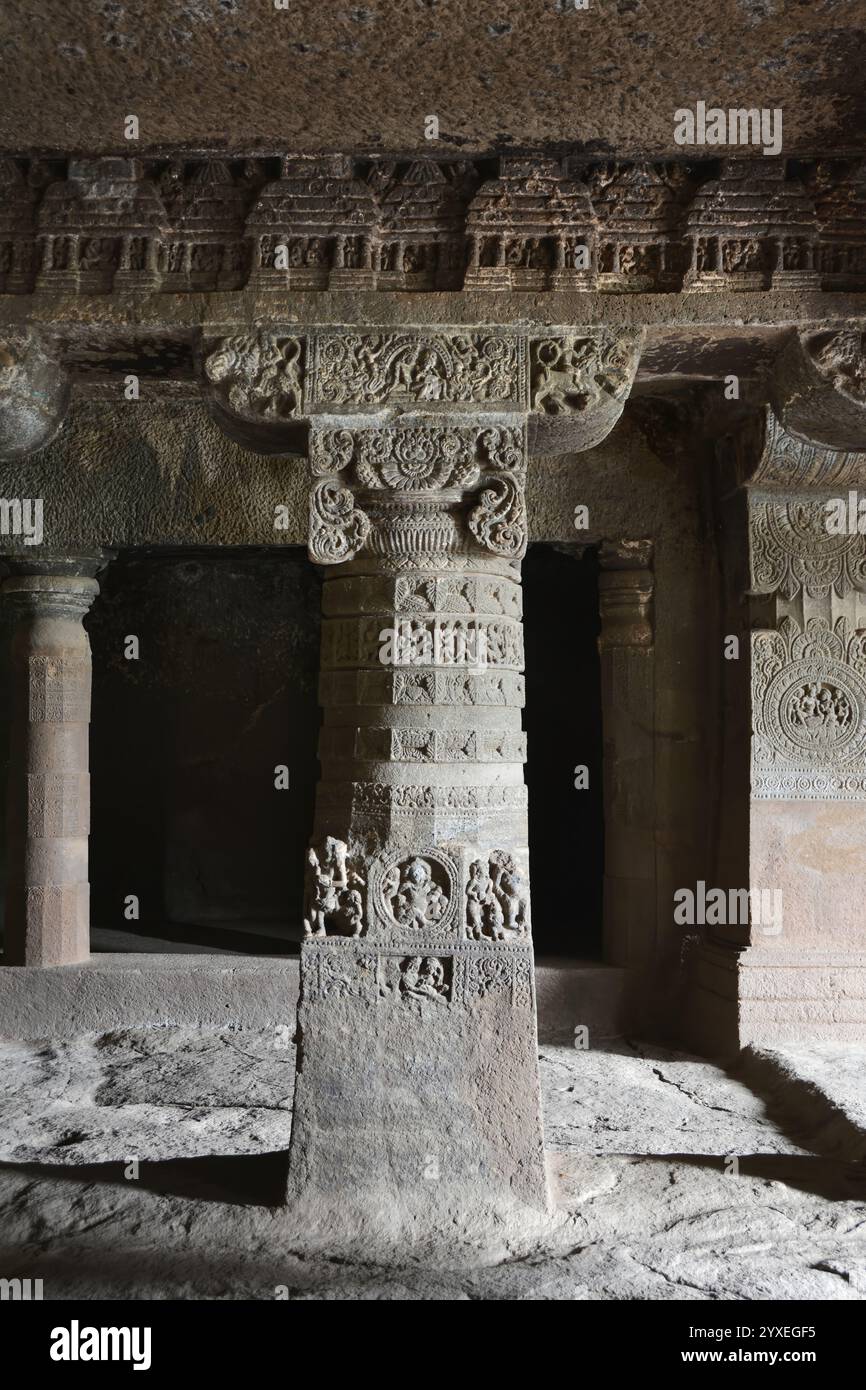 Cave No. 3, One of the highly decorative pillar in the main hall ...