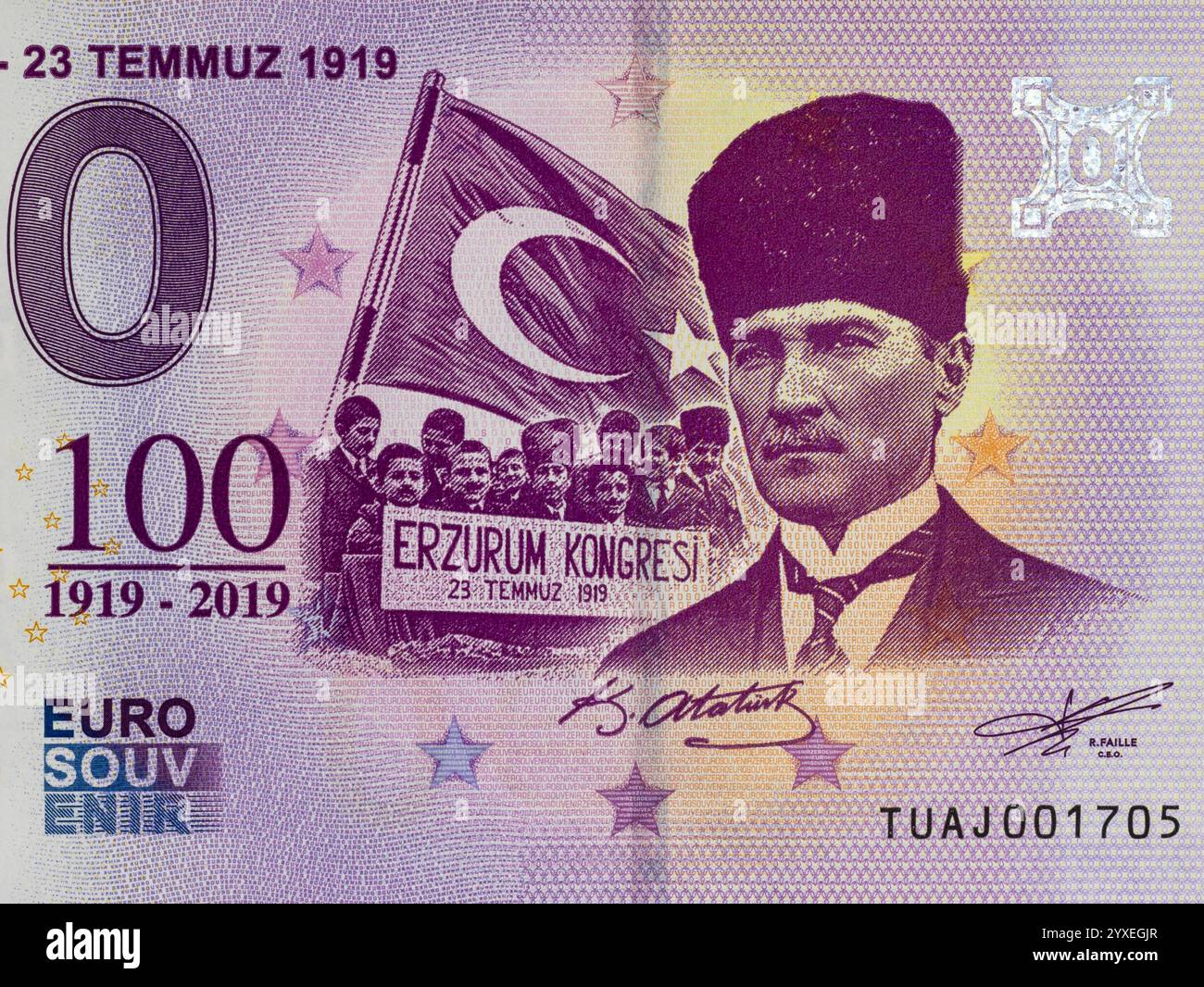 Souvenir 0 zero-euro Turkey banknote. 100th anniversary commemorative ...