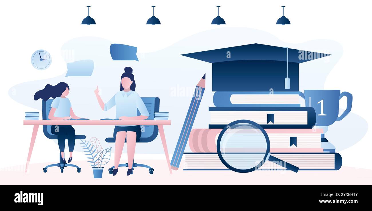 Home schooling concept. Exam preparation banner. Woman tutor and girl ...
