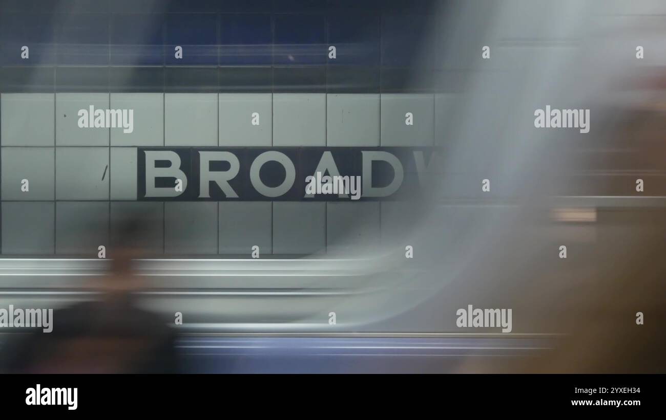 New York City subway station, underground metropolitan platform sign ...