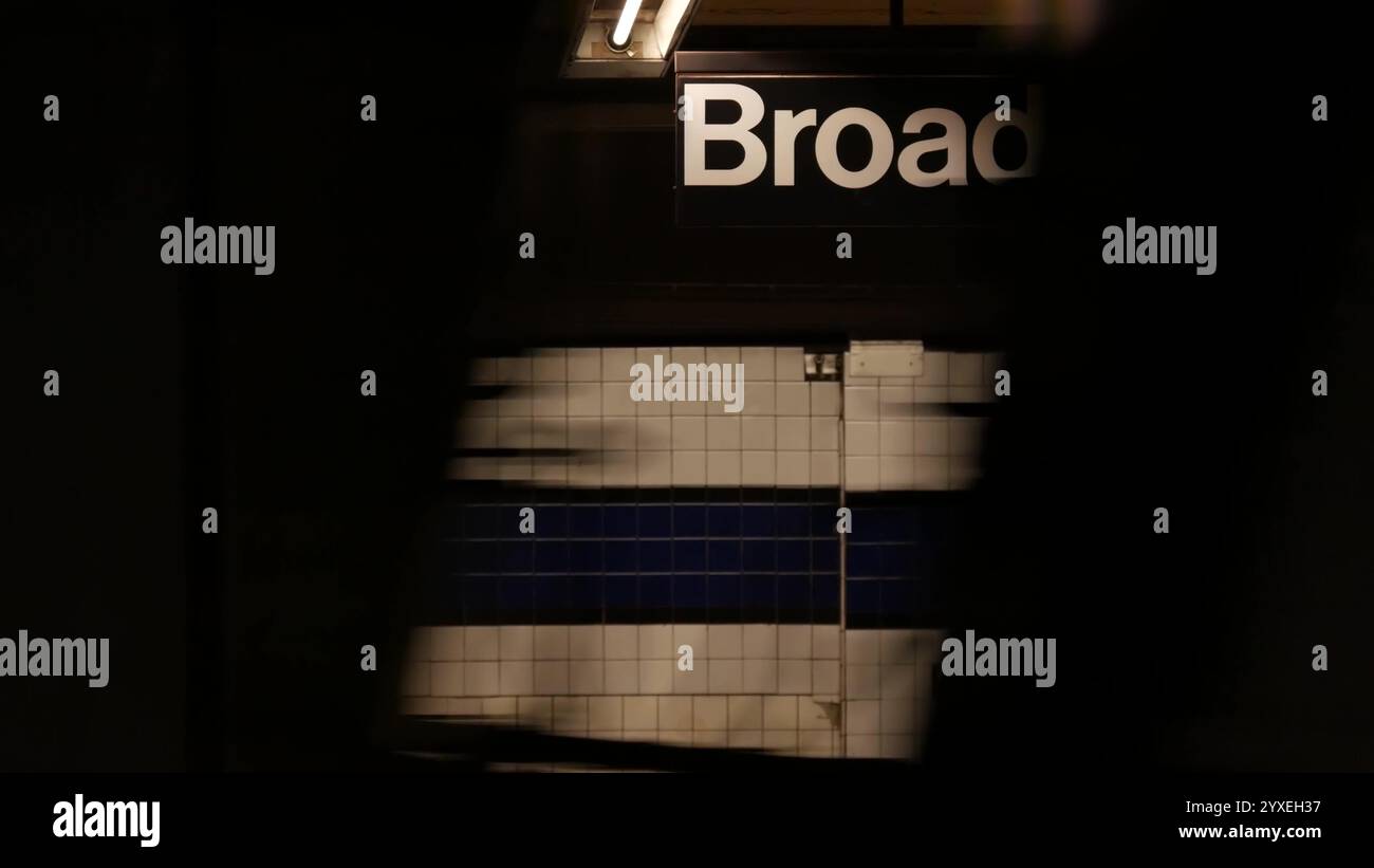 New York City subway station, underground metropolitan platform sign ...