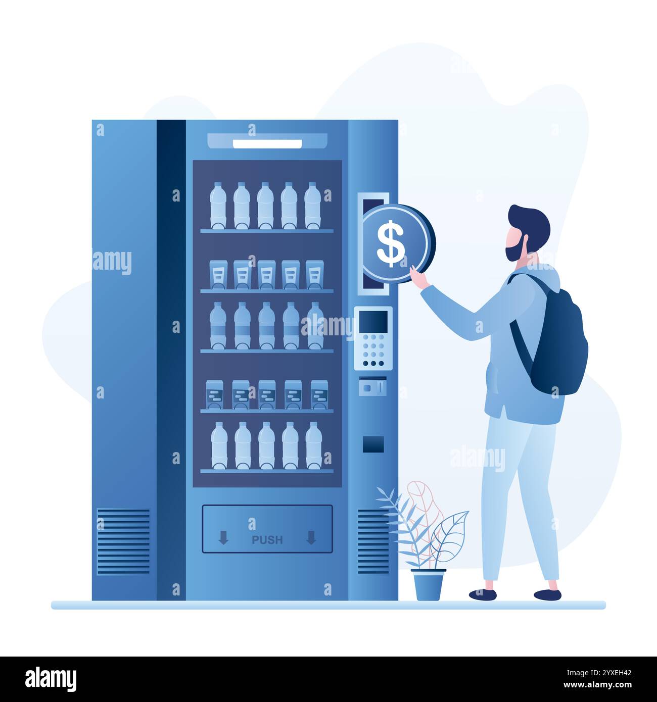 Handsome tourist backpacker using vending machine with drinks. Male character order and purchase ...