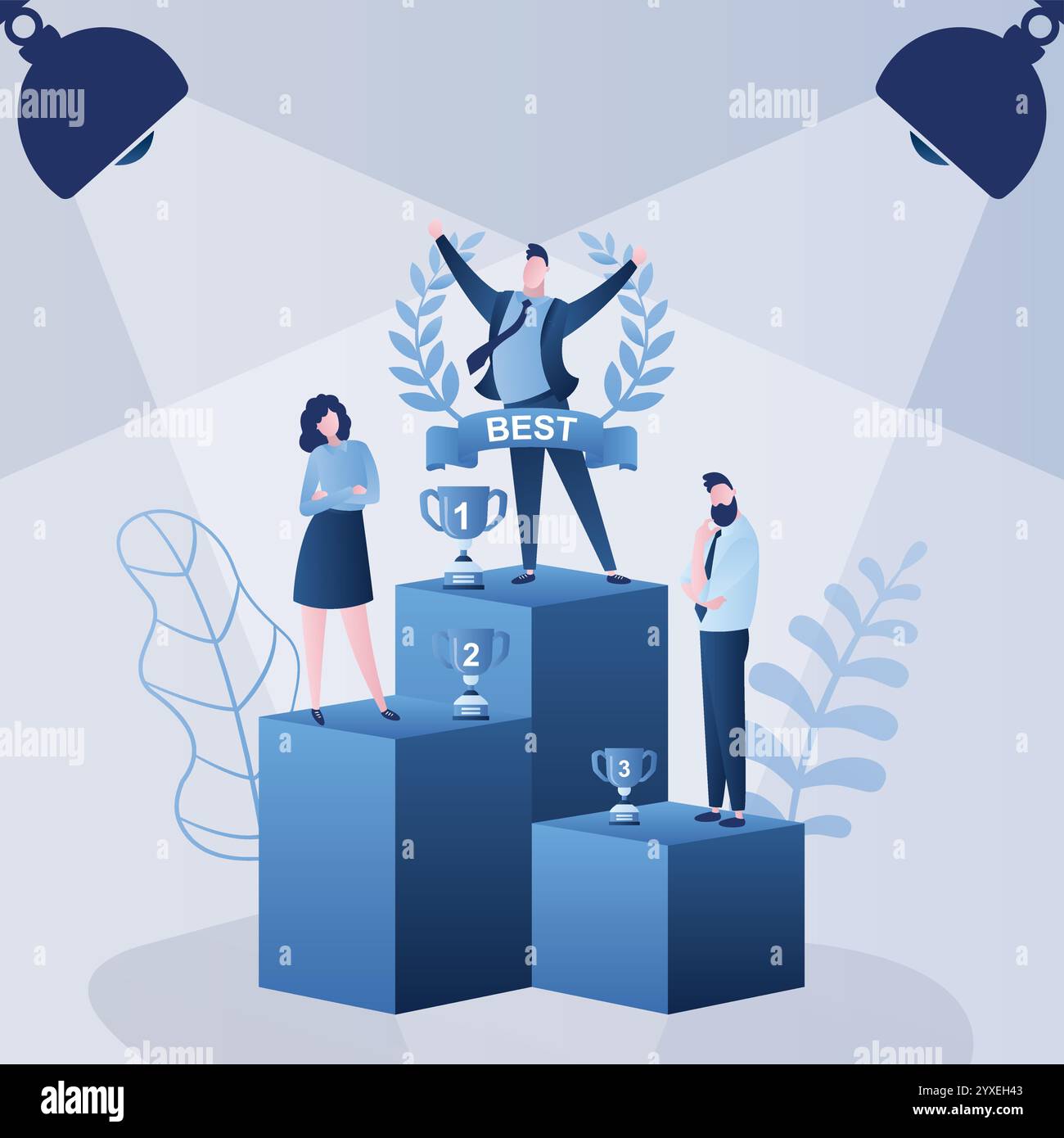 Three people stand on the podium. Winner inside of award wreath with ...