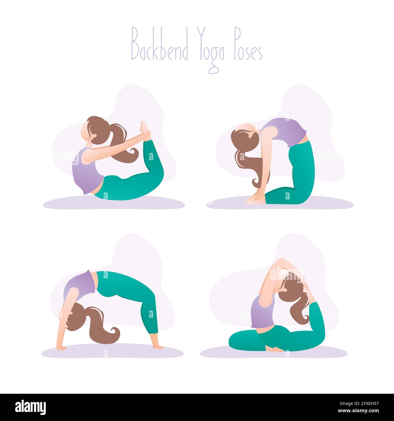 Happy girl in yoga pose. Set of four backbend asana poses in hatha yoga ...