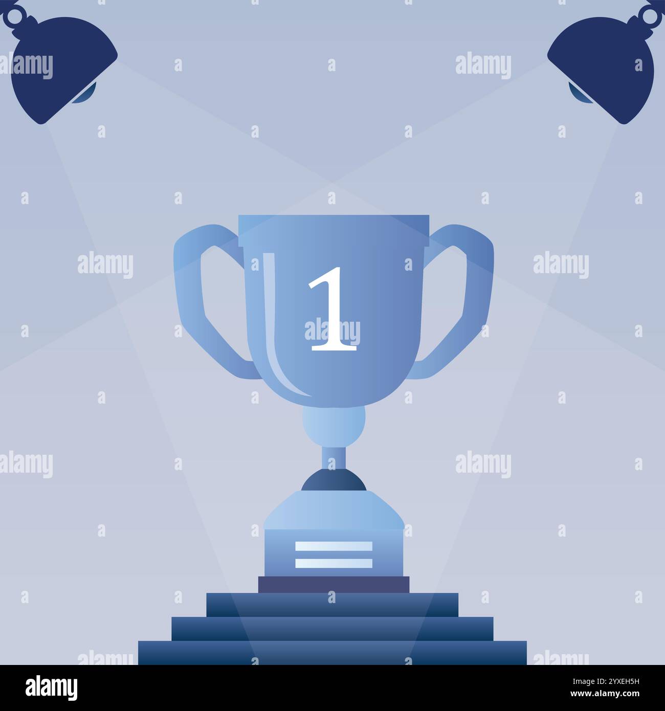 Winning cup. First place trophy standing on podium. Lamps illuminate ...