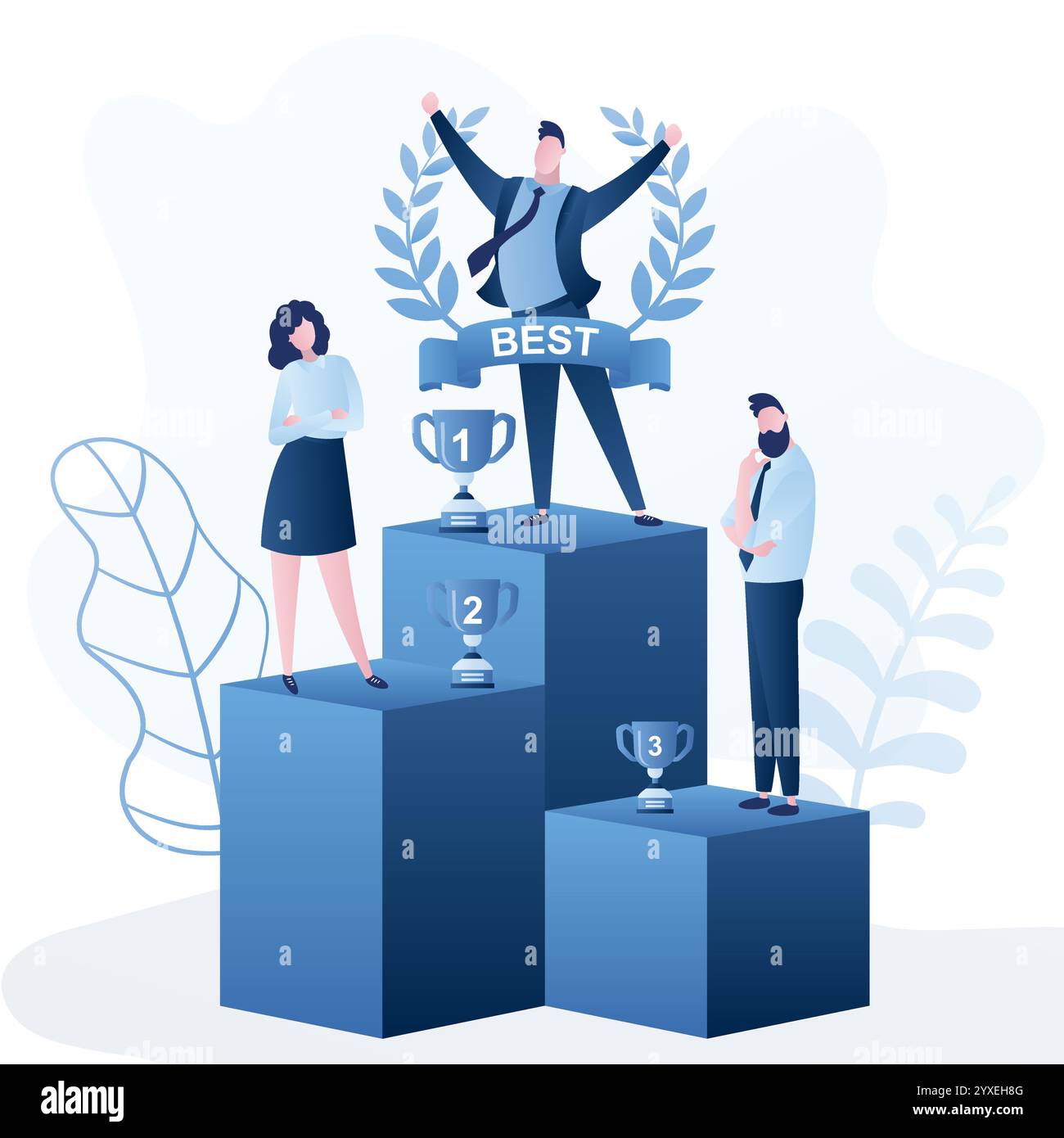 People stand on the podium. Winner inside of award wreath with ribbon ...