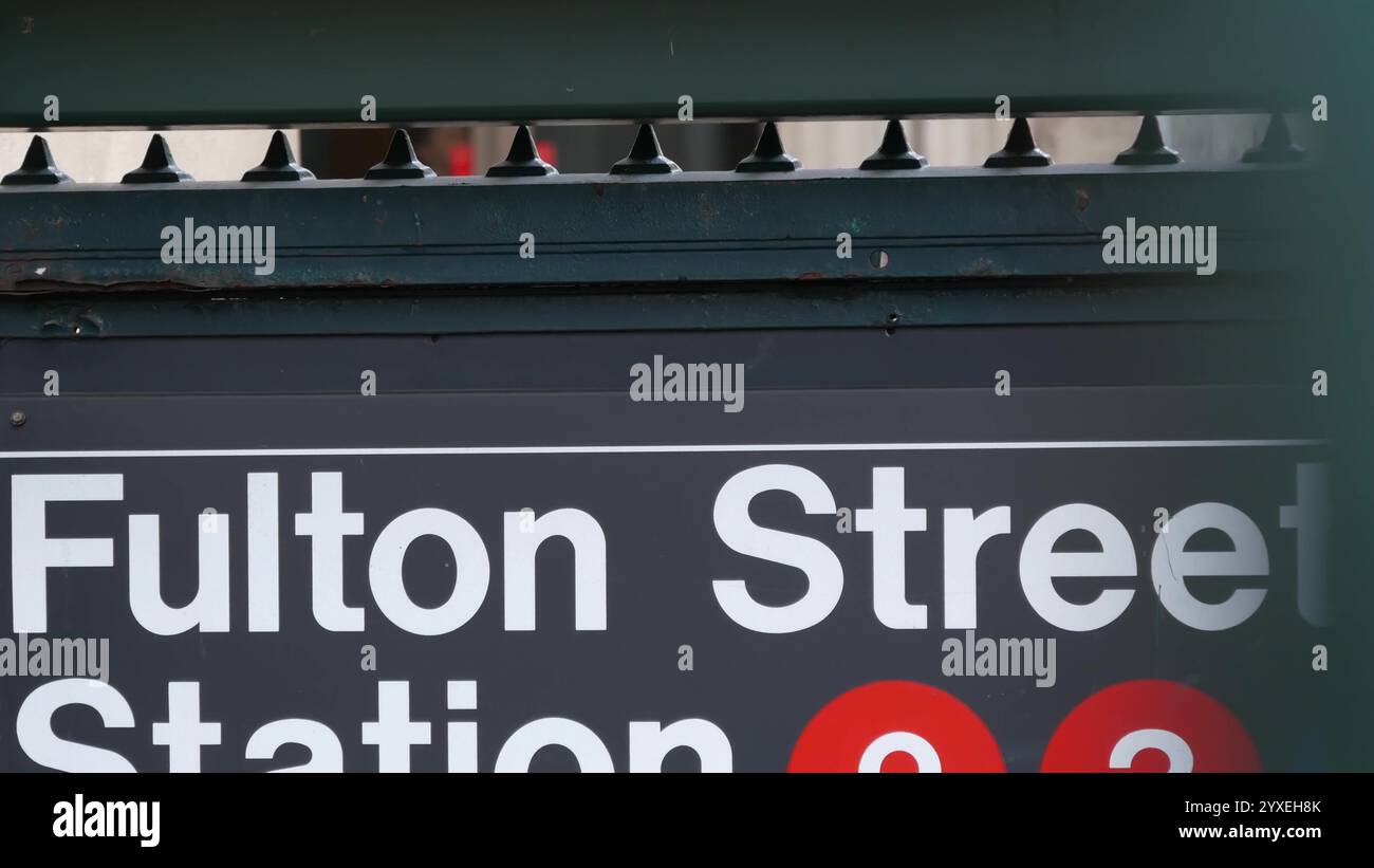 New York City subway sign, Fulton street underground metro station ...