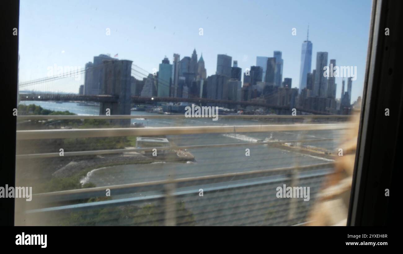 New York City subway train, Manhattan bridge. Shaking camera thru dirty ...