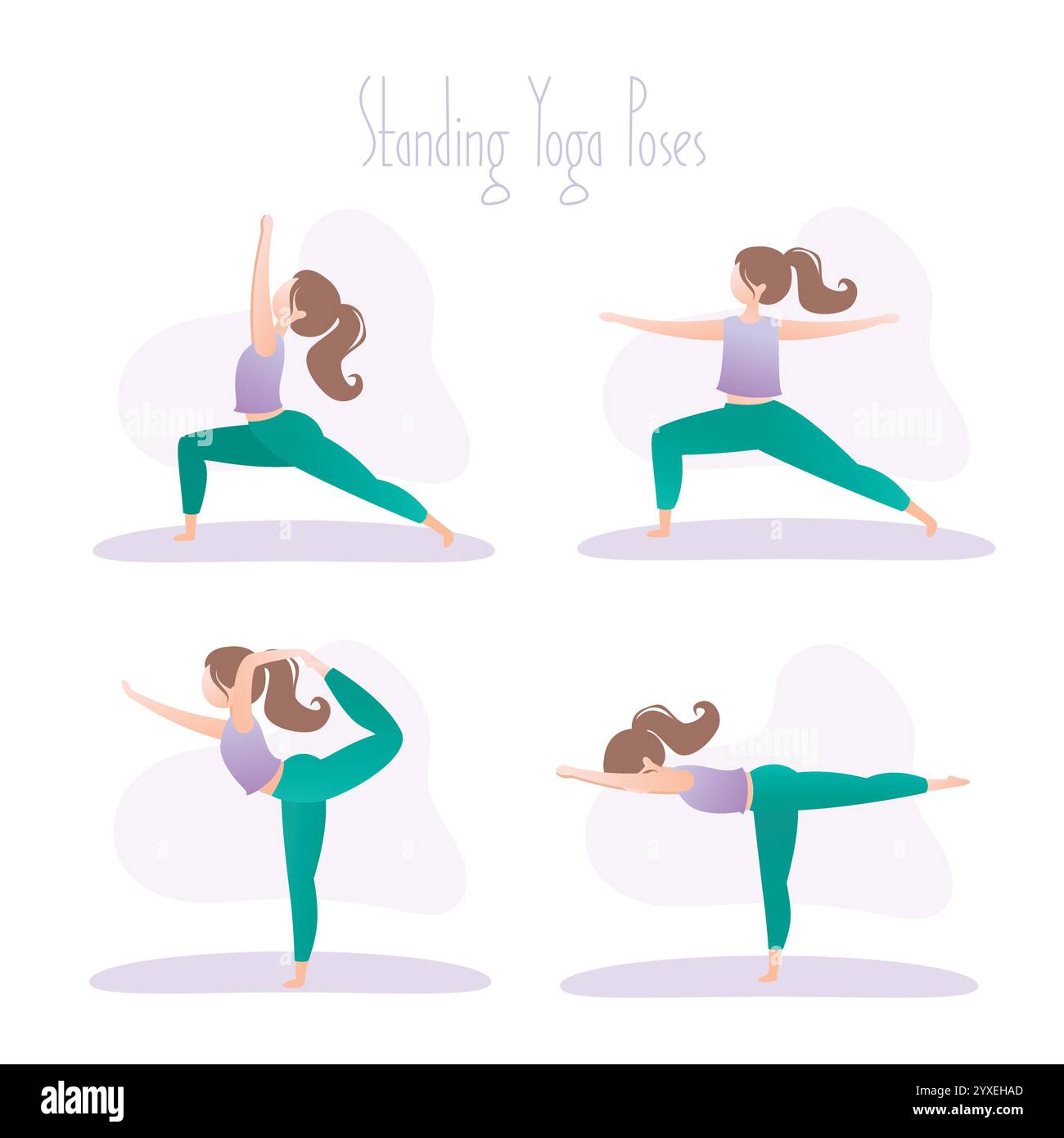 Set of four standing yoga poses, asana in hatha yoga. Happy girl in ...