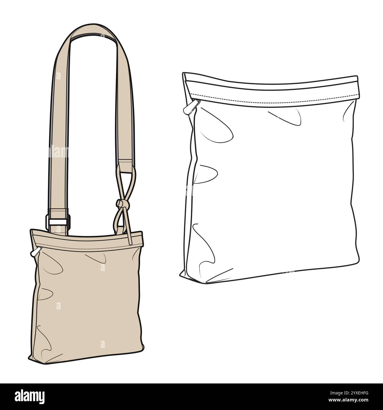 Strap cross body bag technical line drawing vector mockup template ...