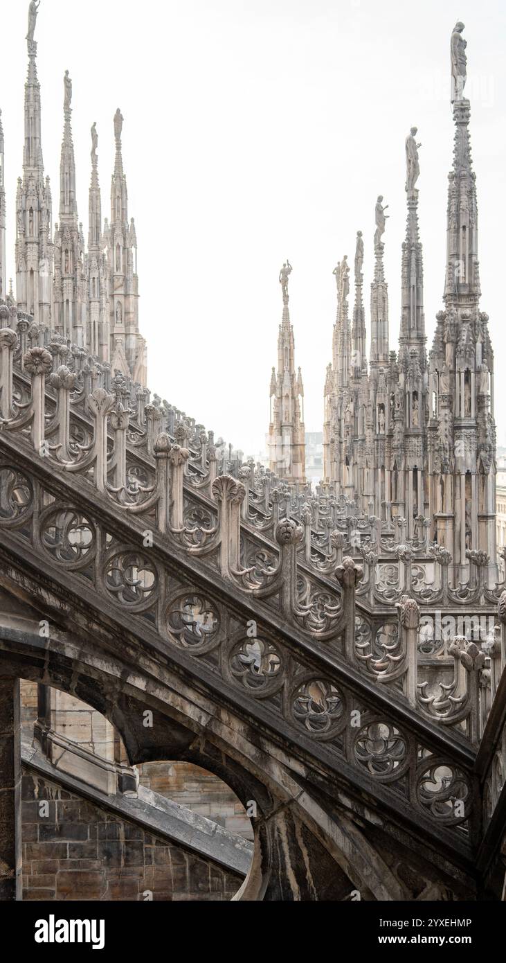 The image shows the intricate Gothic architecture of Milan's iconic ...
