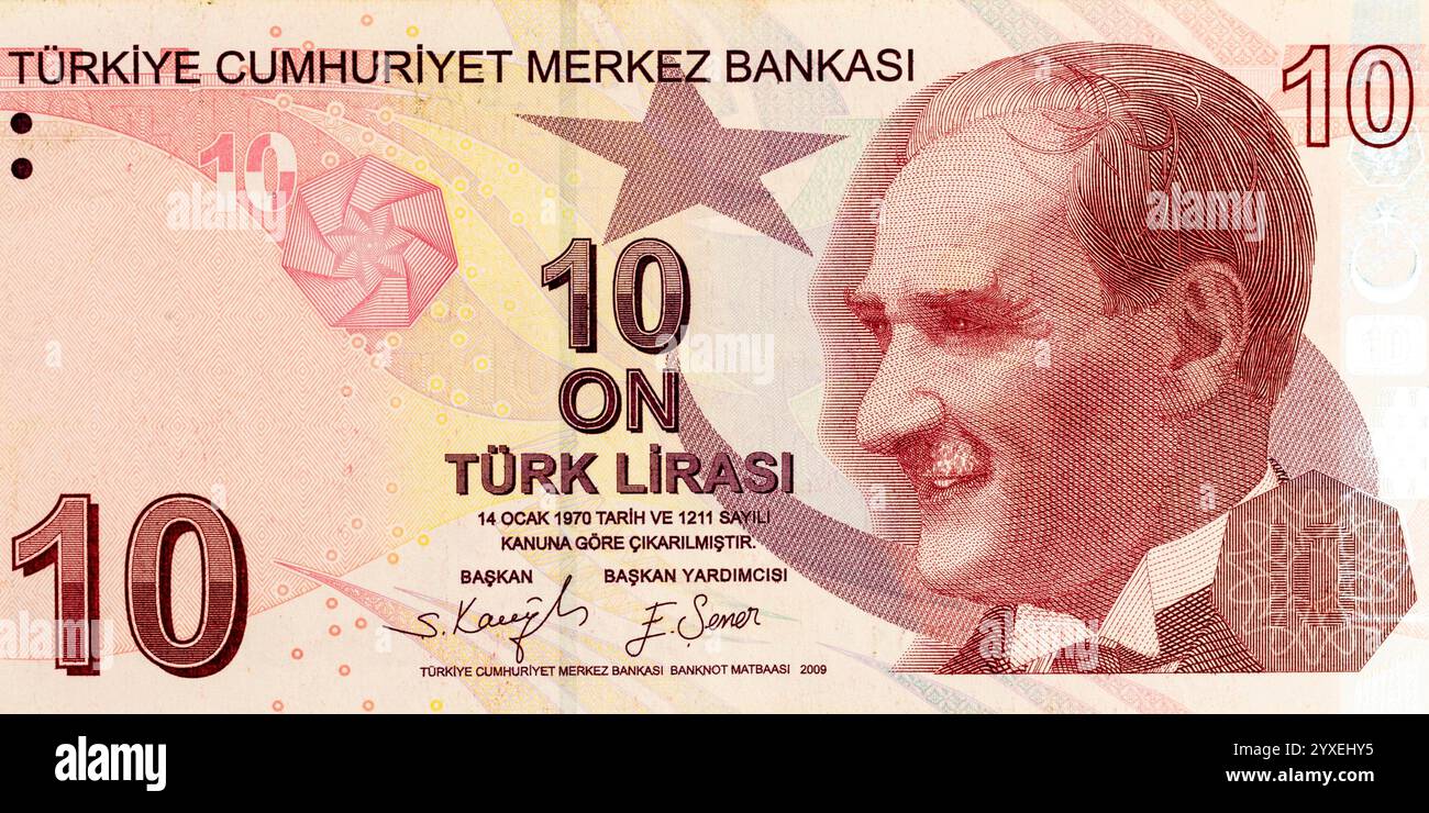 Turkey 10 lira 2009 banknote featuring president Mustafa Kemal Ataturk ...