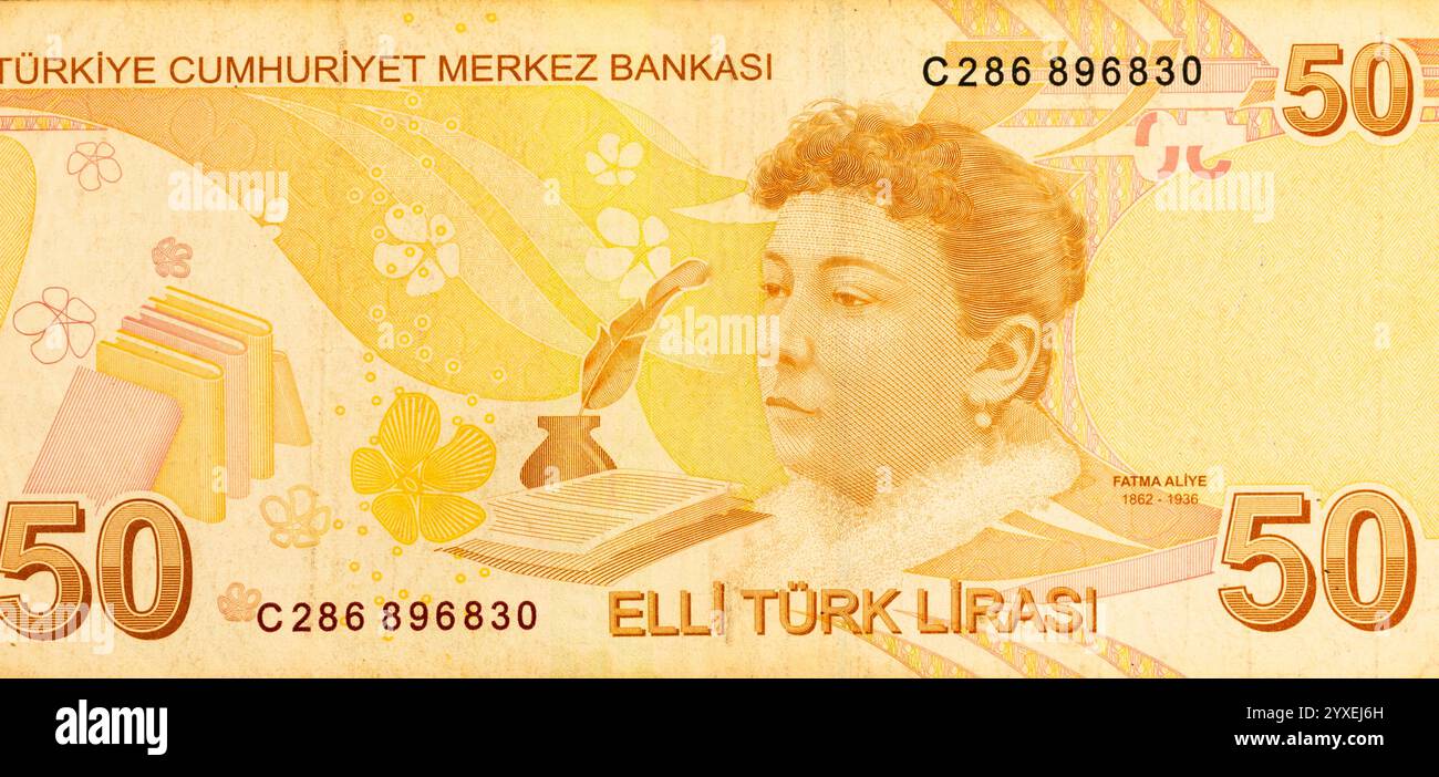 Turkey 50 lira 2009 banknote featuring Fatma Aliye Topuz portrait ...