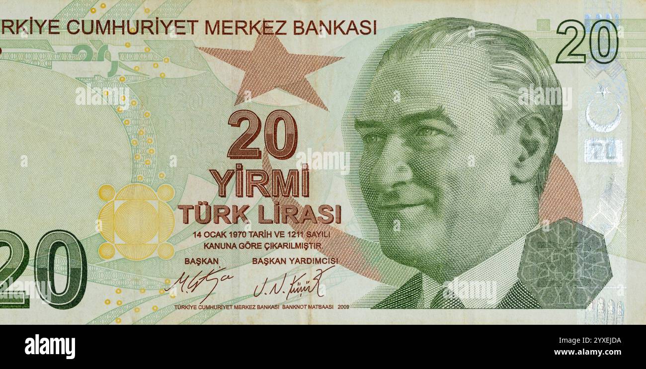 Turkey 20 lira 2009 banknote featuring president Mustafa Kemal Ataturk ...