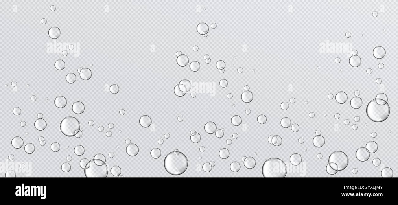 Fizzy water bubbles floating on transparent background. Multiple sized spherical shapes for ...