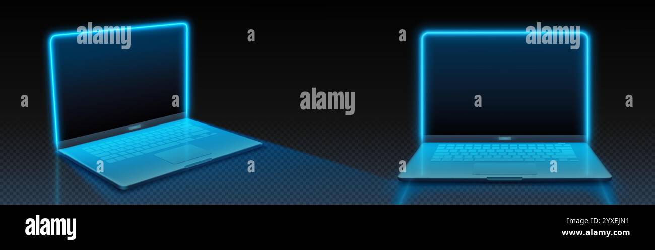 Front and side view laptop mockup with neon glowing edges on screen ...