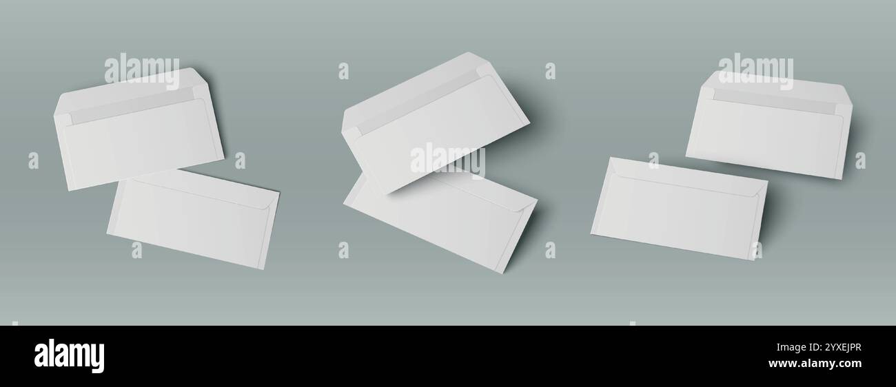 Empty white open and closed envelopes in different angles. Three pairs of blank paper letter ...