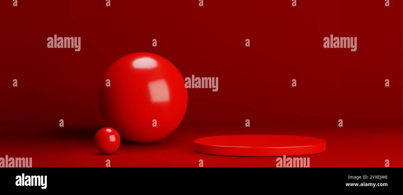 Red luxury 3d vector composition with glossy spheres beside circular ...