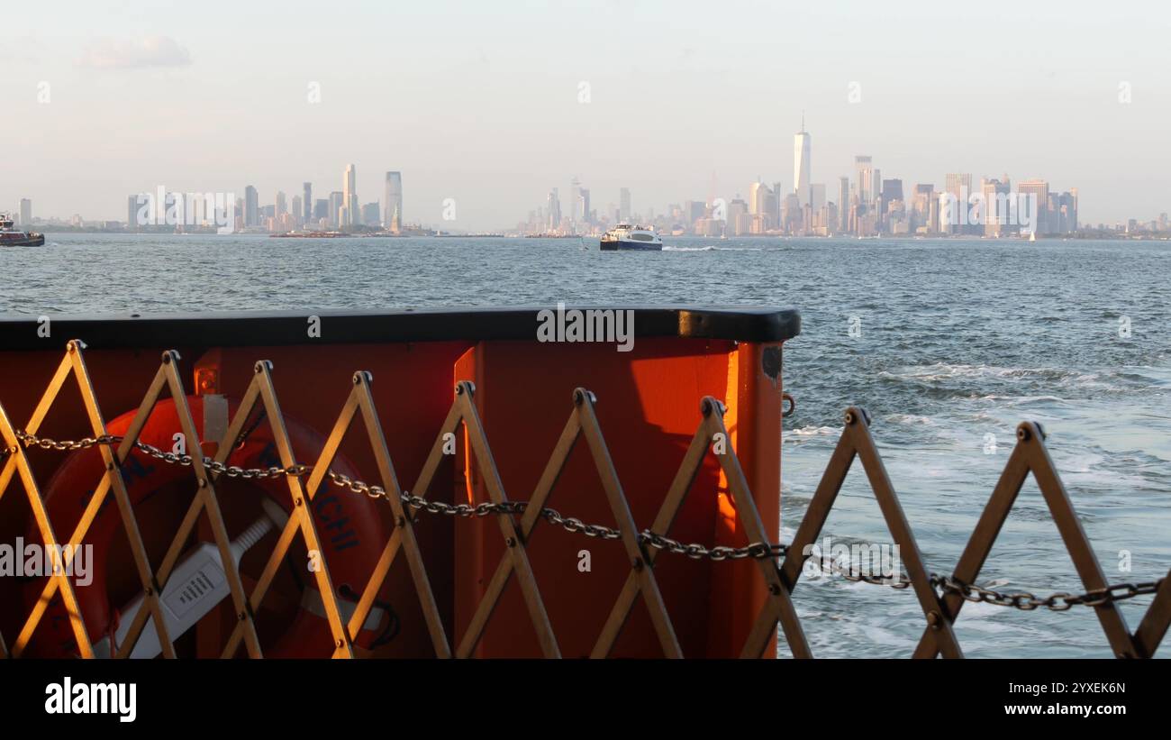 New York City skyline from ferry boat to Staten Island. Manhattan ...