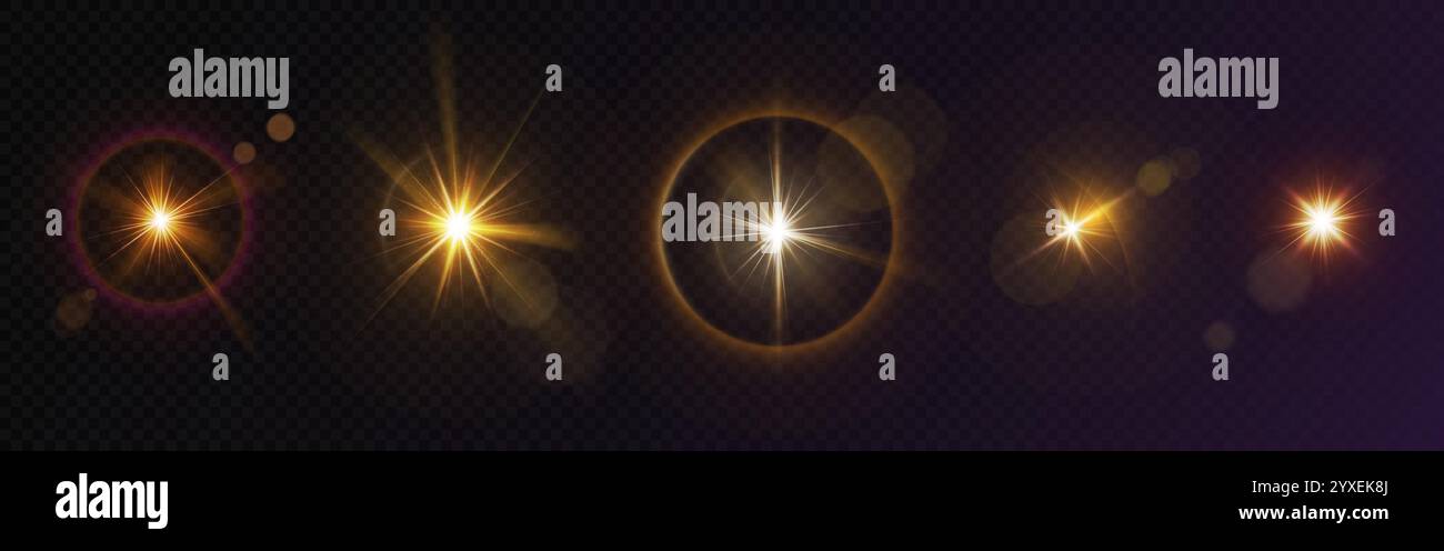 Glint and glare lighting effect set - bright sun bursts with golden ...