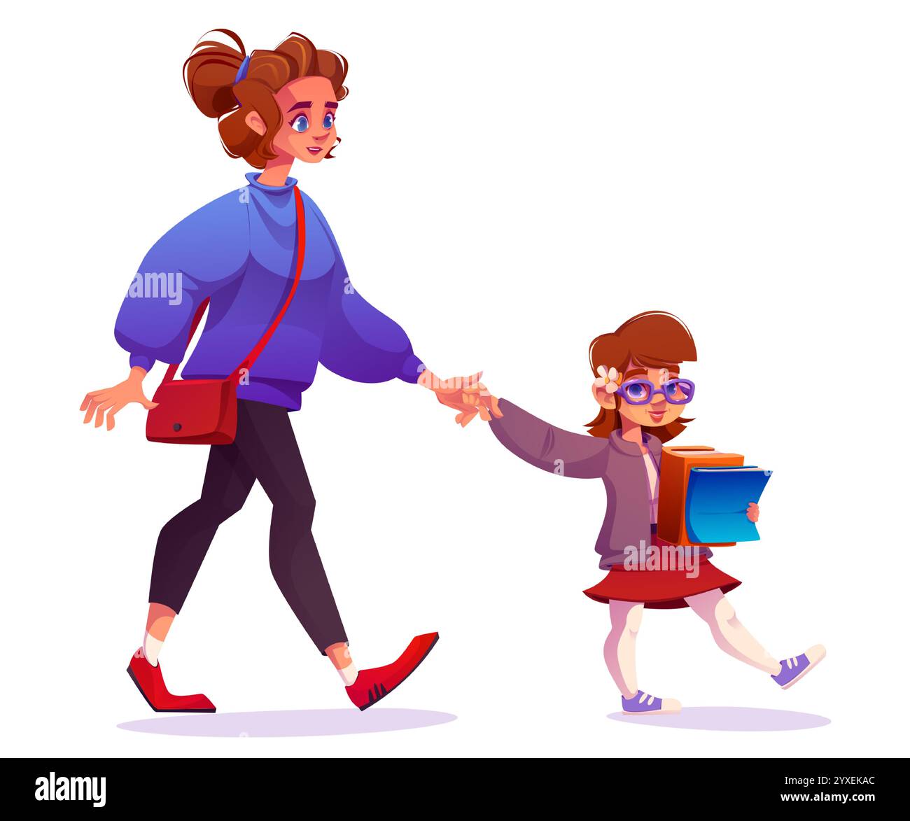 School child walk with mother - cartoon illustration of young pupil ...