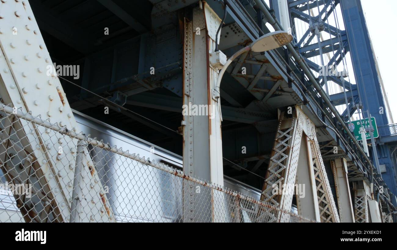 New York City Manhattan Bridge to Brooklyn Dumbo. American subway metro ...