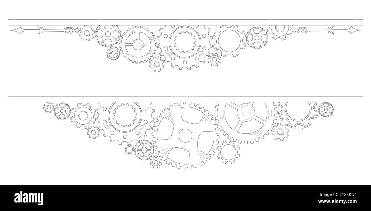 Doodle-style frame and corner with hand-drawn colorful gear mechanism ...