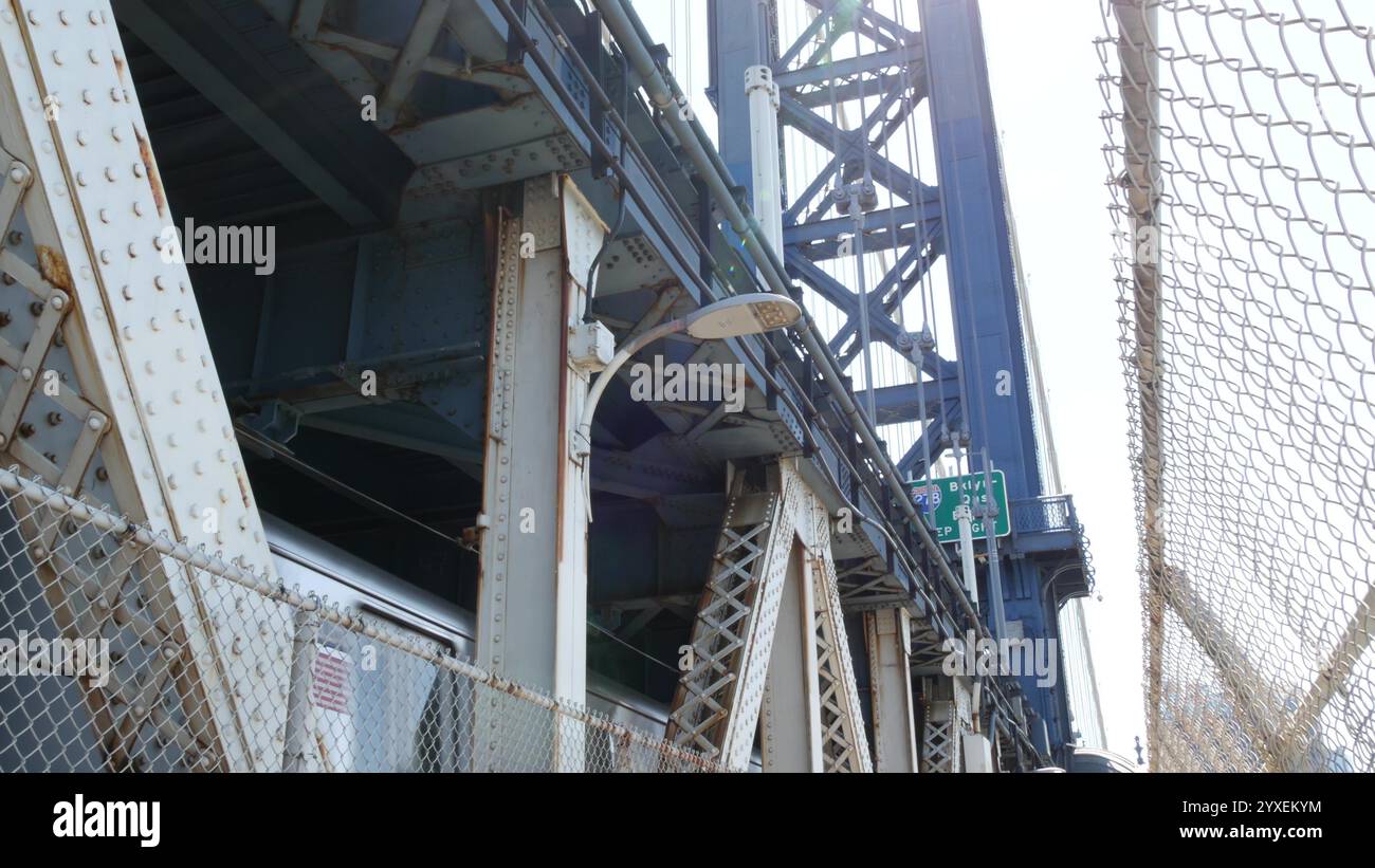 New York City Manhattan Bridge to Brooklyn Dumbo. American subway metro ...