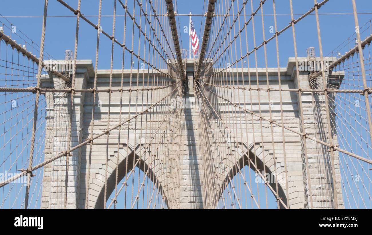 Brooklyn Bridge to Manhattan downtown, cables and blue sky. New York ...