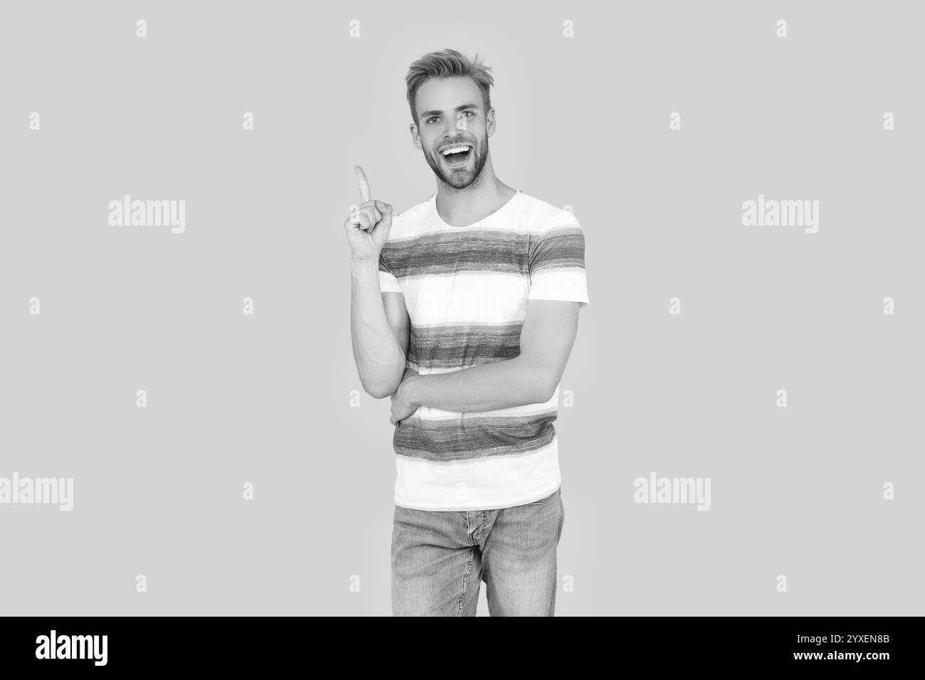 A inspired with idea glad millennial man poses wearing trendy stylish ...