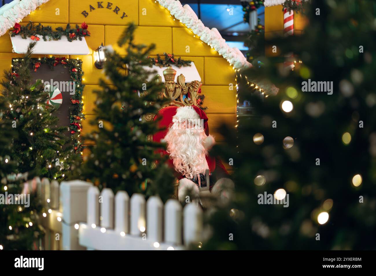 Gold Coast, Australia - Santa Claus hiding behind Christmas trees Stock ...