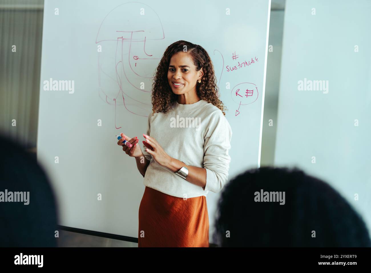 A confident woman presents sustainable ideas during a meeting, using a whiteboard for her ...
