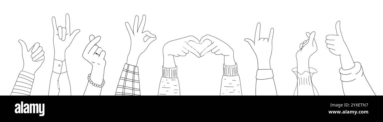 Doodle sketch hands up gestures comic icons silhouettes vector set ...