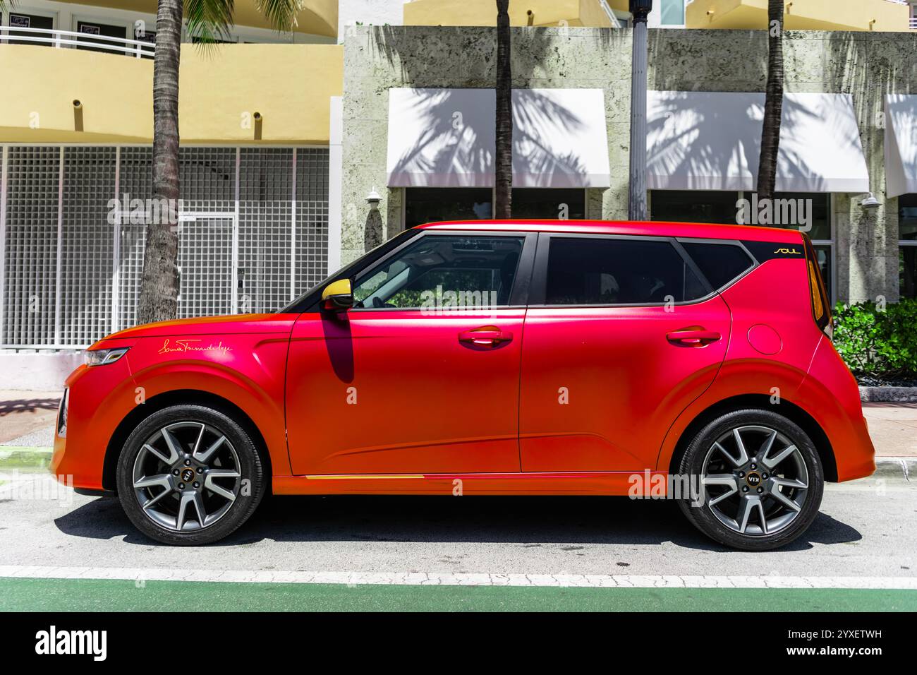 Miami Beach, Florida USA - June 5, 2024: Kia soul red in ocean drive ...