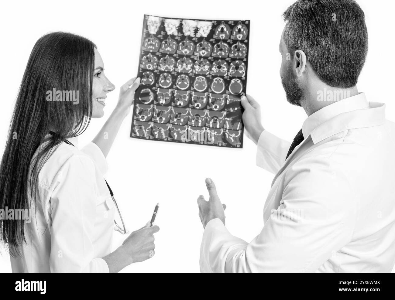 nurse hold xray of nuclear medicine look at mri scan of brain isolated ...