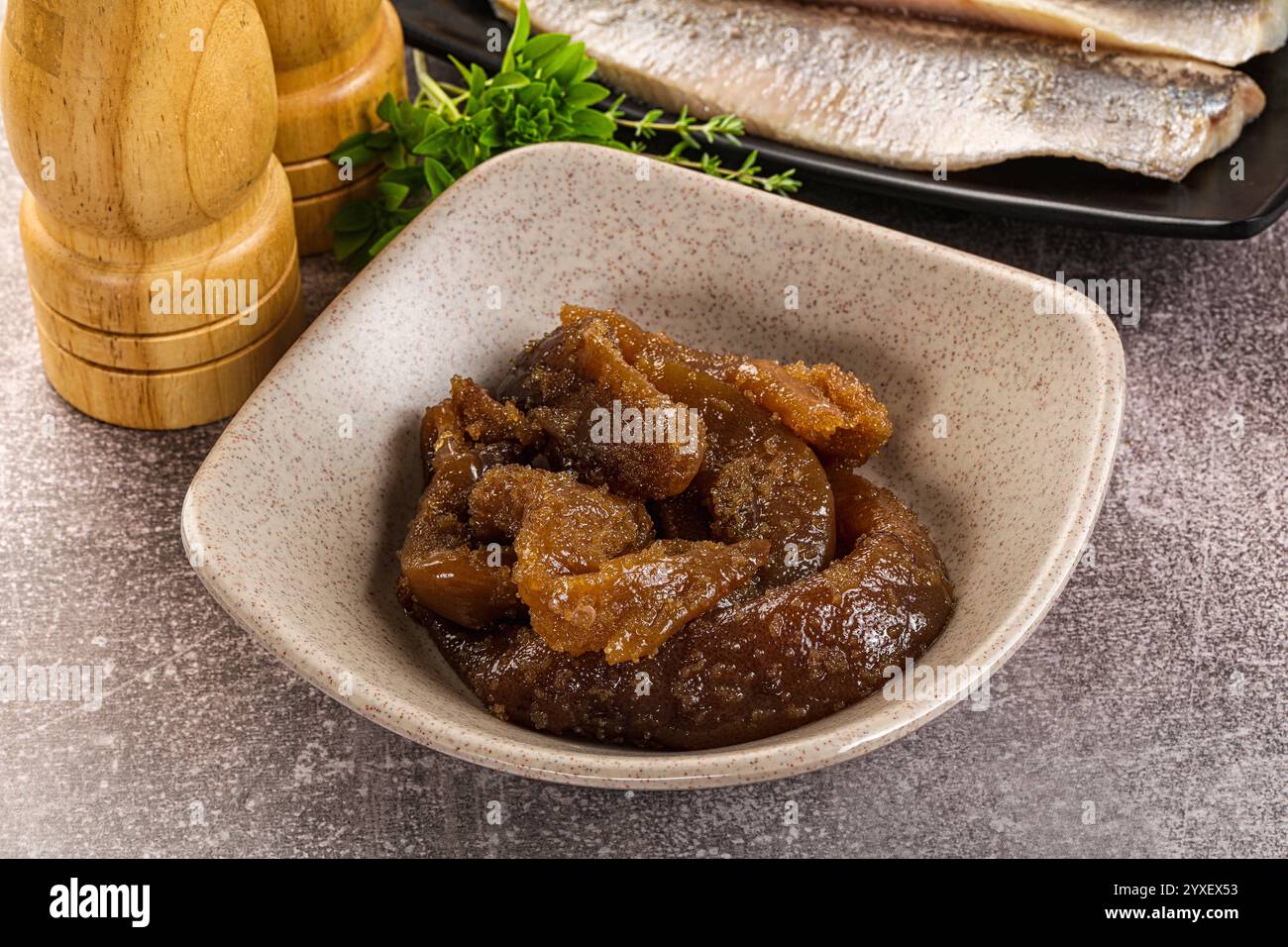 Salted Herring roe snack in the plate Stock Photo - Alamy