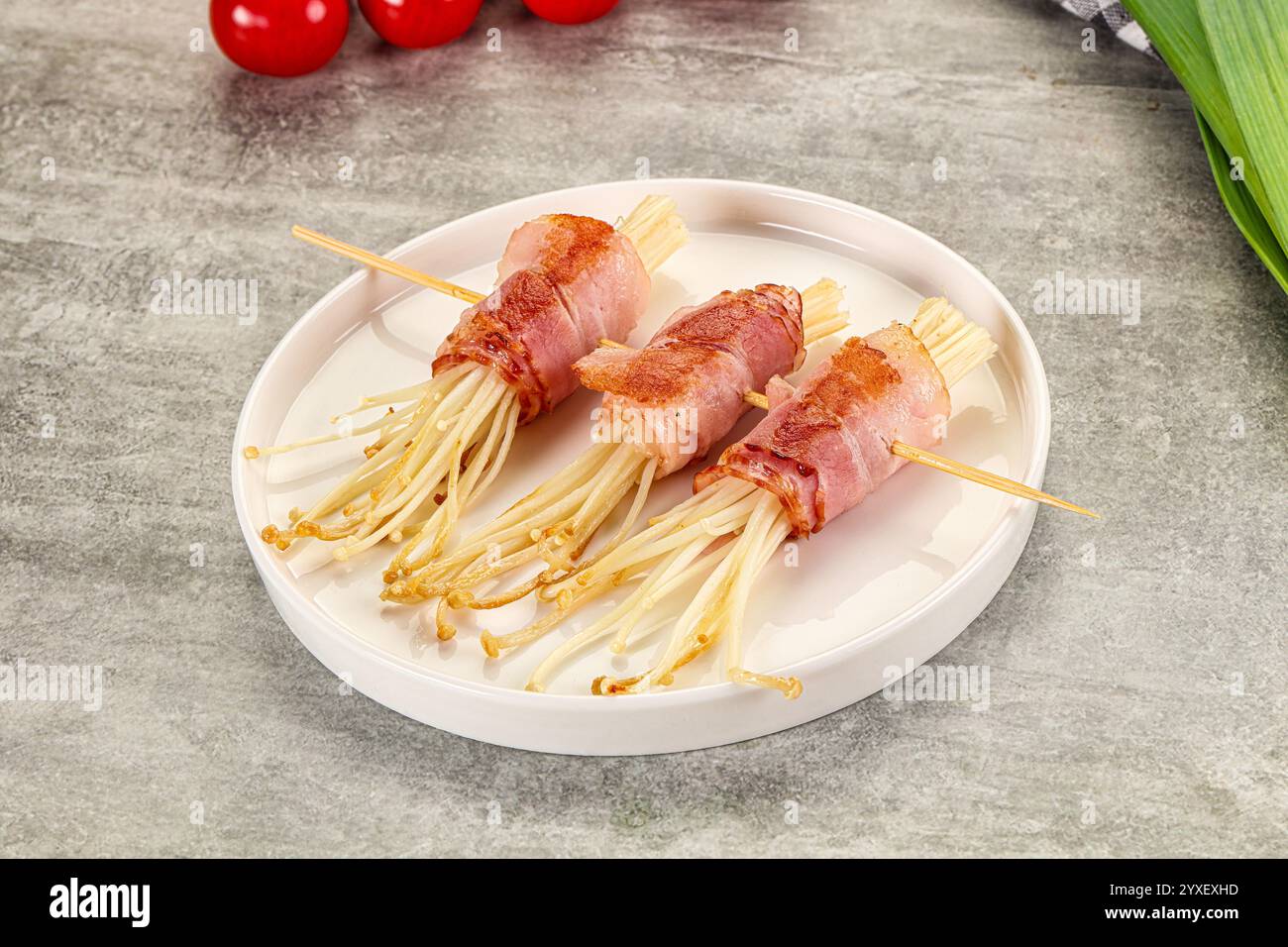 Grilled enoki mushroom with bacon roll wrap Stock Photo - Alamy