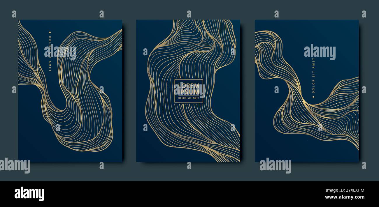 Vector set of abstract fancy art deco line waves, golden luxury covers ...