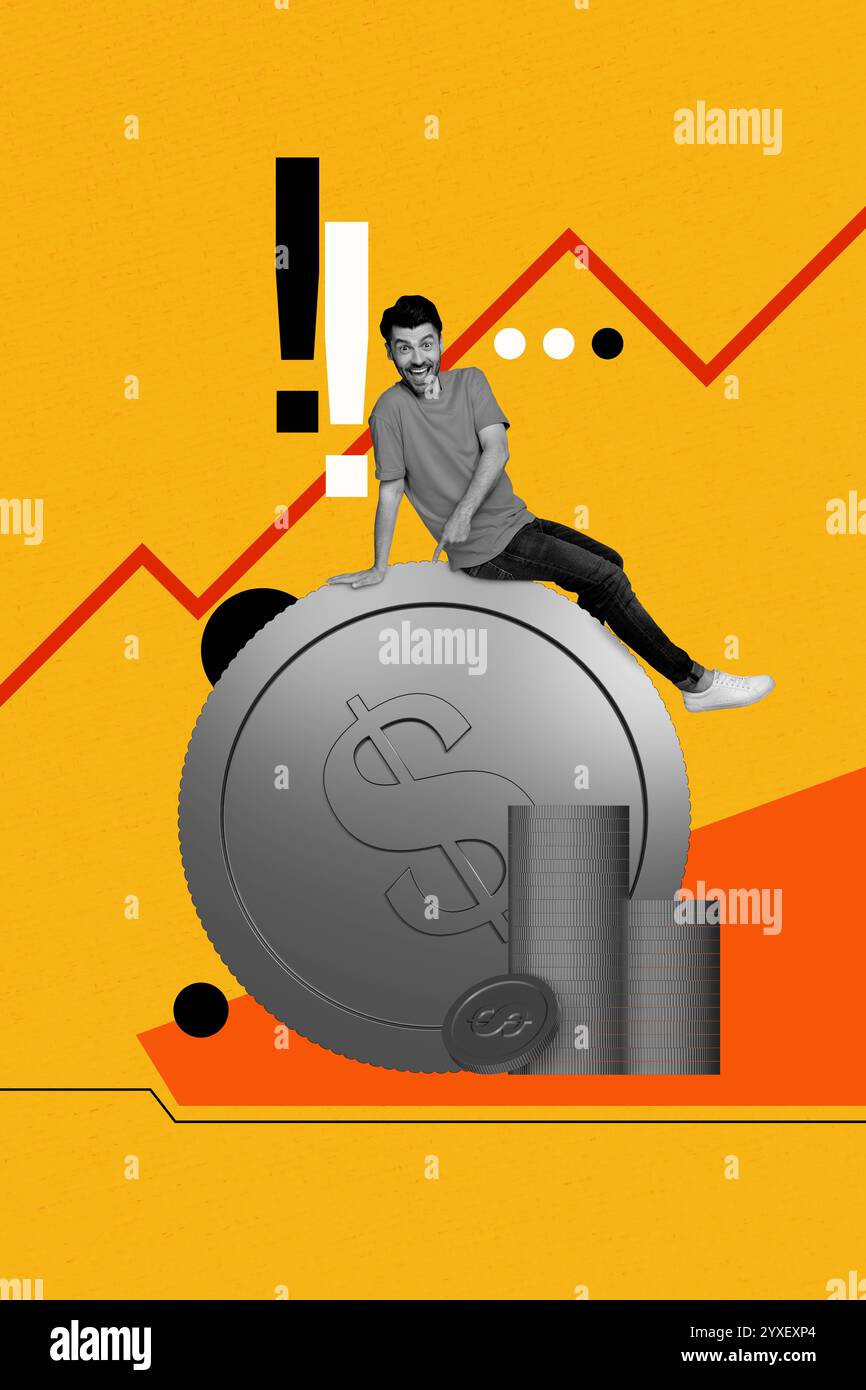 Vertical poster collage youn man sitting huge coin dollar trader ...