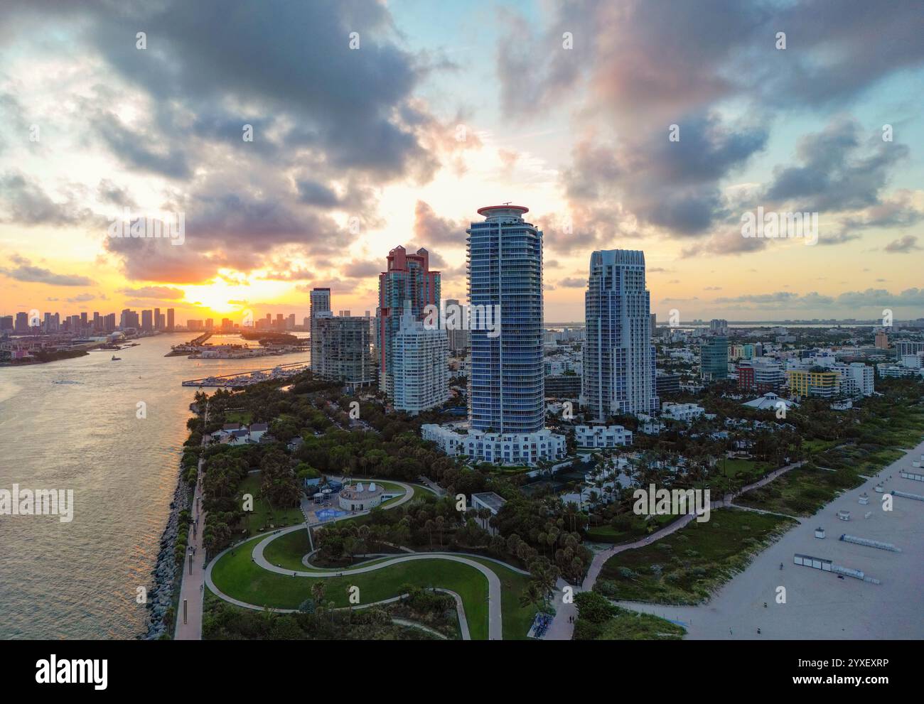 Aerial Miami south beach with sunset. Marina landscape in South Beach ...