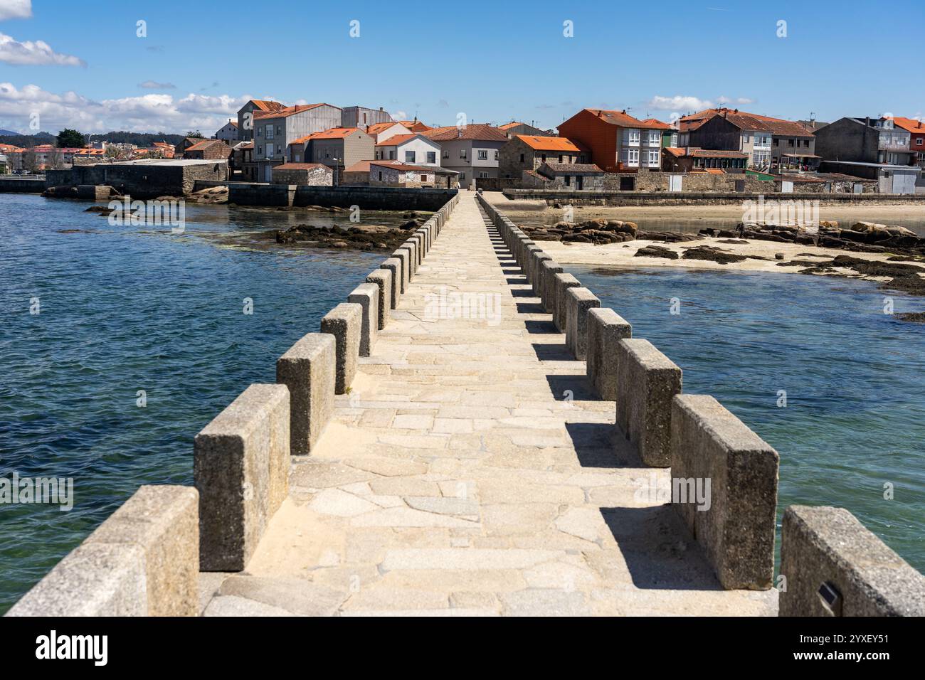 View of the Fishermen houses of the fishing village of Cambados with ...