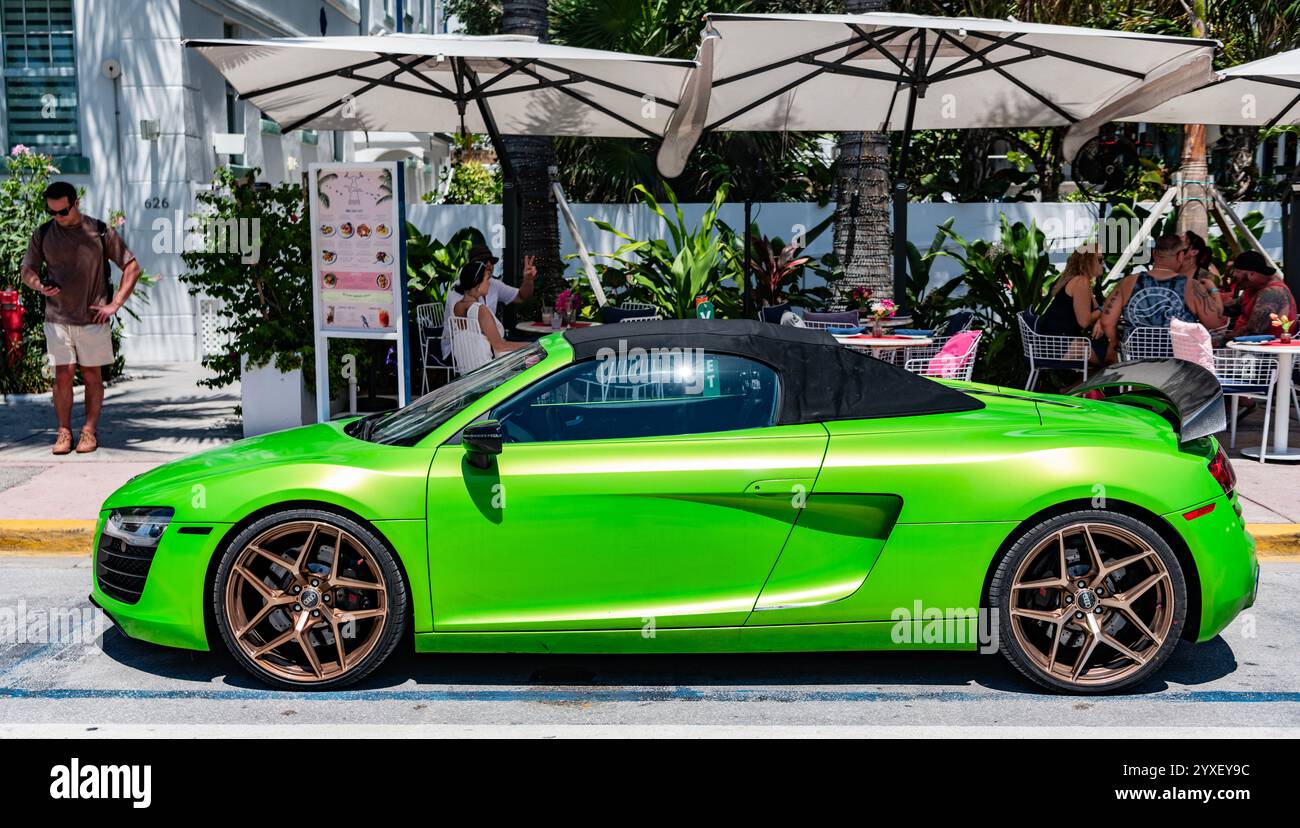 Miami Beach, Florida USA - June 5, 2024: 2014 Audi R8 green luxury car ...