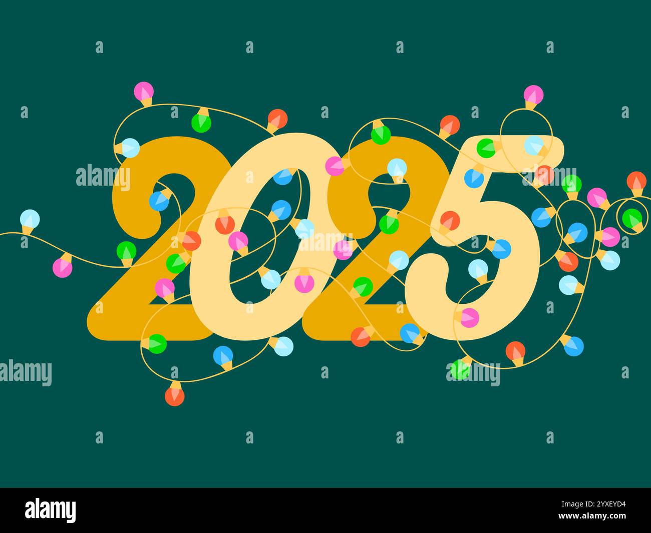 2025 Happy New Year. Garland of multi-colored light bulbs wrapping ...
