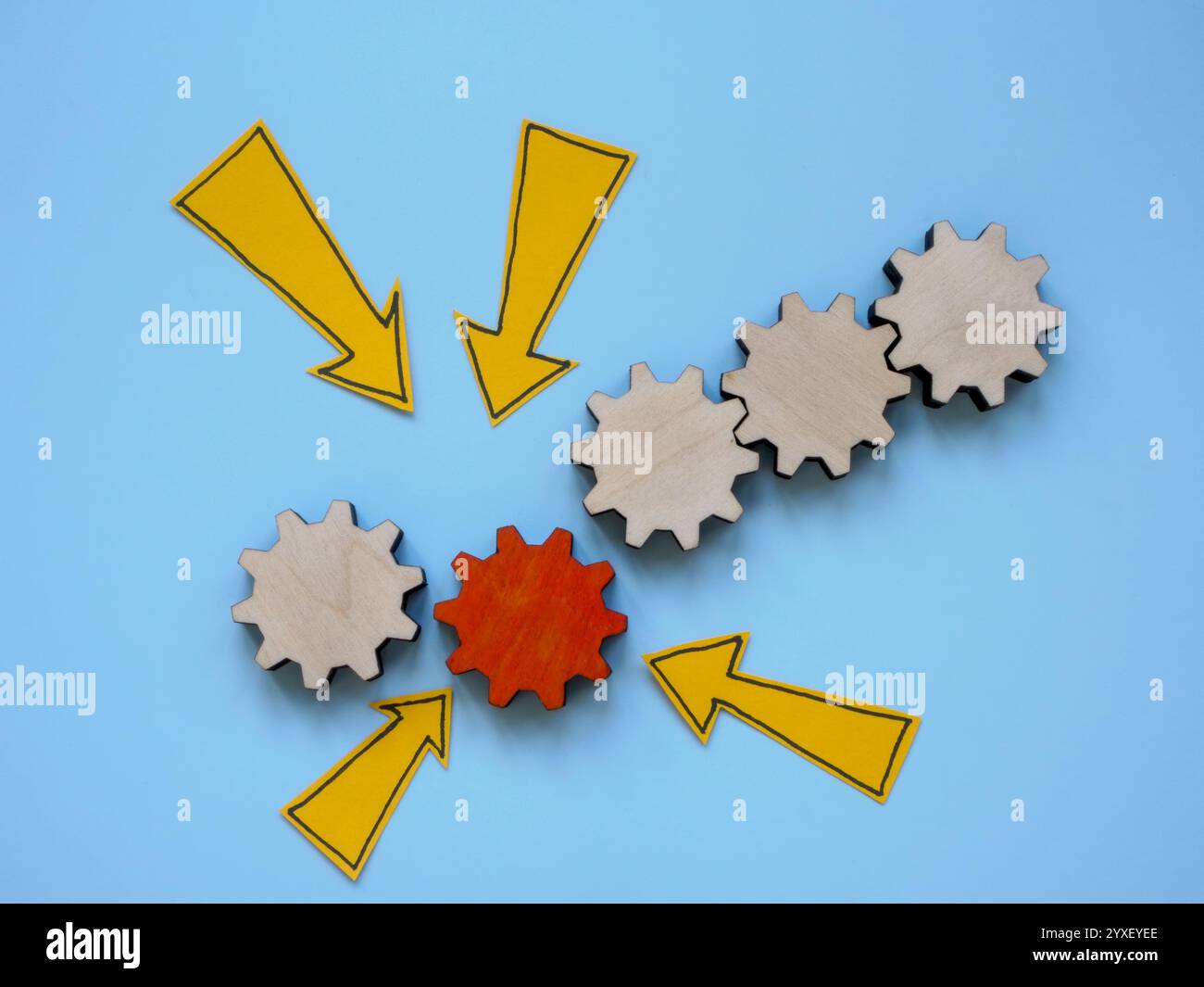 Gear mechanism with arrows pointing to missing gear. Teamwork and ...